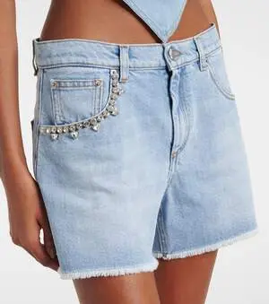 AREA Embellished Denim Shorts - Blue