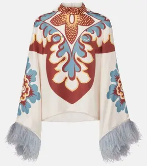 La DoubleJ Feather-trimmed Silk Top - Multicoloured