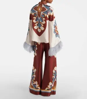 La DoubleJ Feather-trimmed Silk Top - Multicoloured