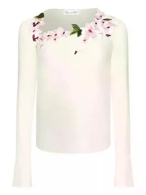 Oscar De La Renta Floral-embellished Long-sleeve Blouse - Neutrals