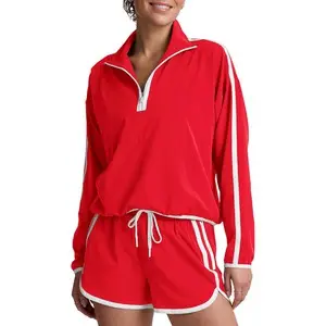 Beyond Yoga Course Contrast Half-zip Pullover - Chili Red/true White