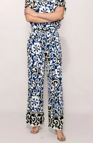 MELLODAY Floral Print Ankle Pants Blue Black Multi