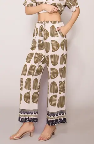 MELLODAY Floral Print Ankle Pants - Bone Olive