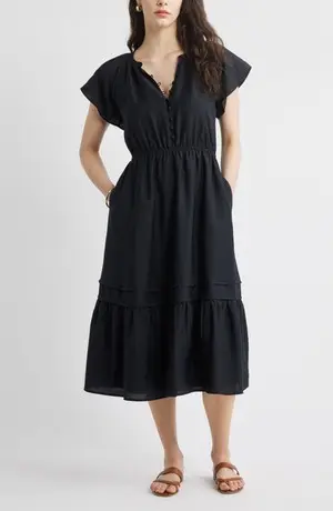 Caslon Front Button Midi Dress - Black