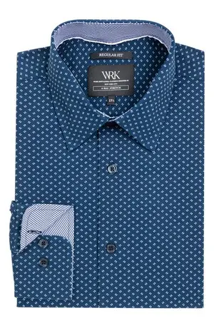 W.R.K Regular Fit Dash Print Performance Dress Shirt - Navy