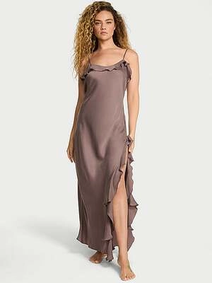 Victoria's Secret Silky Flutter Ruffled Long Slip Grey
