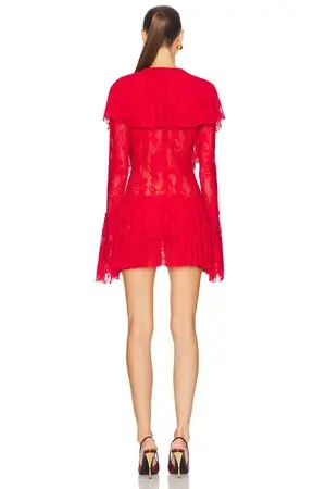 Norma Kamali Long Sleeve Deep V Ruffle Mini Dress - Tiger Red