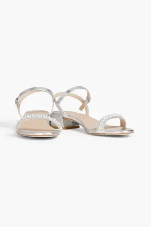 STUART WEITZMAN Dancer 35 Faux Pearl-embellished Metallic Leather Sandals - Silver