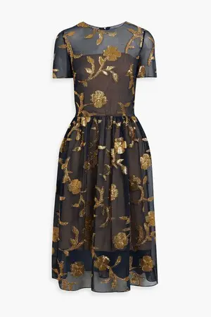 Oscar De La Renta Metallic Fil Coupé Silk-Blend Chiffon Midi Dress - Navy