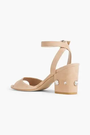 STUART WEITZMAN Alshn 75 Crystal Embellished Suede Block Heel Sandals - Beige