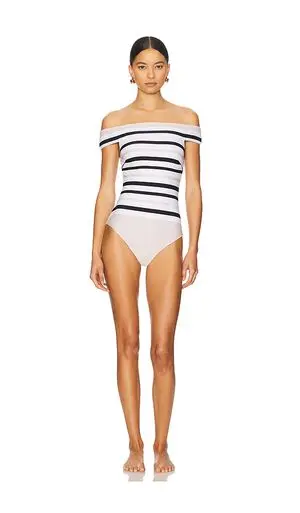 Simkhai Walker Off Shoulder One Piece Swimsuit - Sand Stripe