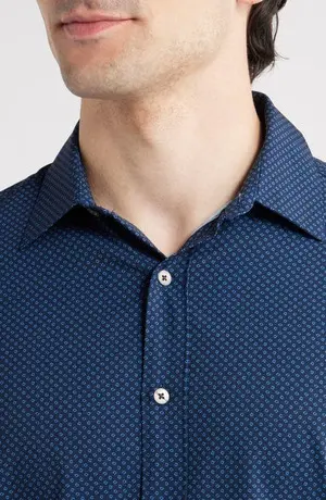W.R.K Trim Fit Abstract Cube Print Performance Button-up Shirt - Navy