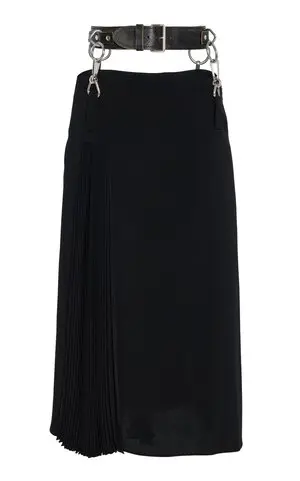 Prada Belted Pleated Crepe-cady Midi Skirt - Black