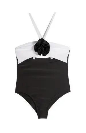 LIMEAPPLE Rosette Halter One Piece Swimsuit - Black And White