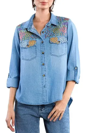 BILLY T Flower Patch Embroidered Button-up Shirt - Denim