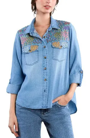 BILLY T Flower Patch Embroidered Button-up Shirt - Denim