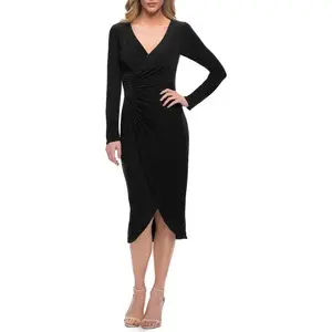 La Femme Knee-length Dress With Faux Wrap Skirt - Black