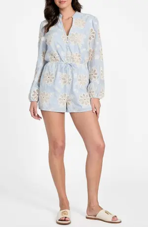 Guess Hazel Floral Embroidered Romper - Blue