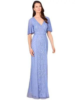 LARA NEW YORK Beaded V-neck Cape Sleeve Gown - Periwinkle