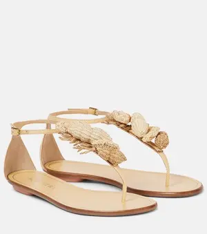 AQUAZZURA Marea Raffia-trimmed Leather Thong Sandals - Beige