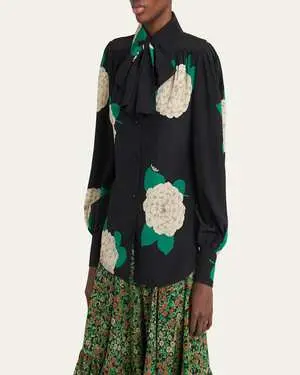 Valentino Garavani Floral Print Tie-neck Silk Blouse