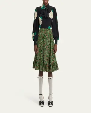 Valentino Garavani Floral Print Tie-neck Silk Blouse