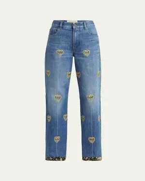 Valentino Garavani Embroidered Heart Pants With Floral Border