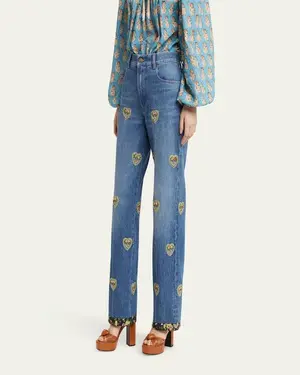 Valentino Garavani Embroidered Heart Pants With Floral Border