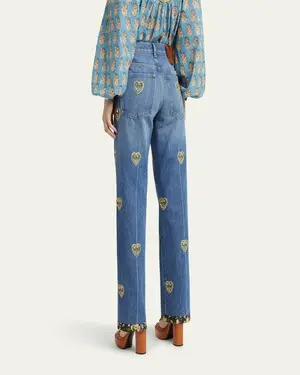 Valentino Garavani Embroidered Heart Pants With Floral Border
