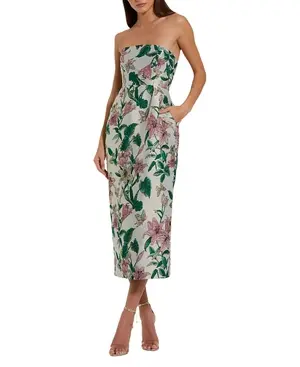 Mac Duggal Floral Brocade Strapless Fitted Midi Dress - Lily