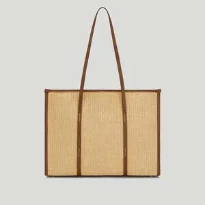 DEMELLIER The Capri Canvas Tote - Warm Raffia Tan Smooth Ecru Stitching