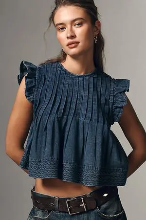 PILCRO Jade 100% Cotton Pintucked Blouse With Ruffle Sleeves - Medium Denim