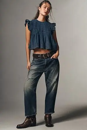PILCRO Jade 100% Cotton Pintucked Blouse With Ruffle Sleeves - Medium Denim