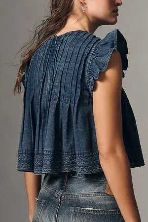 PILCRO Jade 100% Cotton Pintucked Blouse With Ruffle Sleeves - Medium Denim