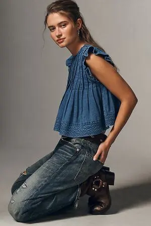 PILCRO Jade 100% Cotton Pintucked Blouse With Ruffle Sleeves