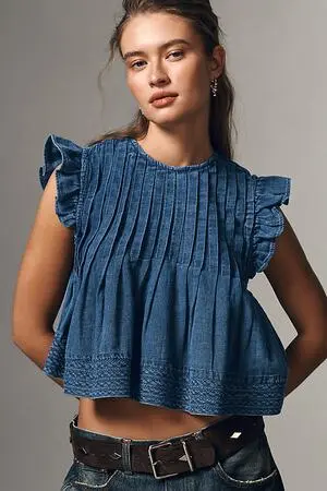 PILCRO Jade 100% Cotton Pintucked Blouse With Ruffle Sleeves