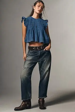 PILCRO Jade 100% Cotton Pintucked Blouse With Ruffle Sleeves