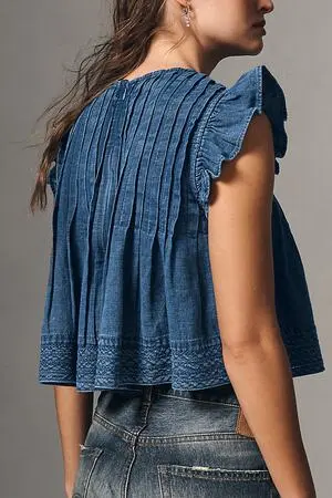 PILCRO Jade 100% Cotton Pintucked Blouse With Ruffle Sleeves