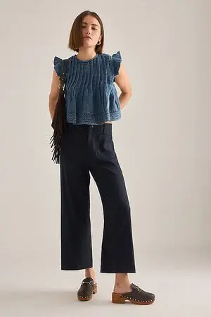 PILCRO Jade 100% Cotton Pintucked Blouse With Ruffle Sleeves