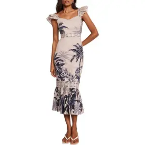 Mint Velvet Palm Print Column Midi Dress - Blue