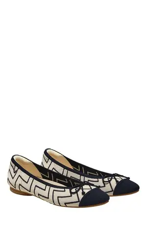 Vivaia Almond-toe Bow Flats - Ivory Navy V-print