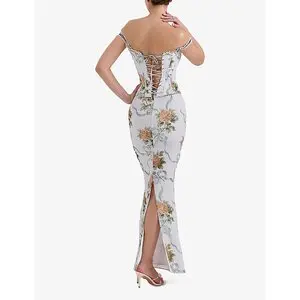 House OF CB Corseted Woven Maxi Dress - Soft Blue Rose Print
