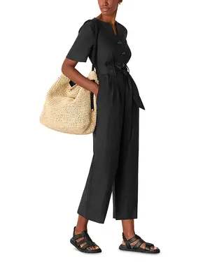 Whistles Fiona Linen Button Front Jumpsuit - Black