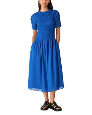 Whistles Avery Smocked Dress - Blue