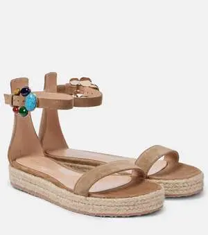 GIANVITO ROSSI Embellished Suede Espadrille Sandals - Brown