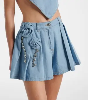 AREA Floral-appliqué Denim Shorts