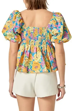 English Factory Floral Print Puff Sleeve Shirt