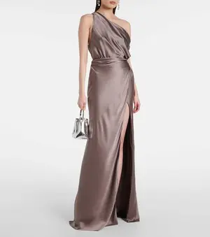 THE SEI Draped One-shoulder Silk Satin Gown - Grey
