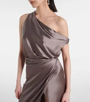 THE SEI Draped One-shoulder Silk Satin Gown - Grey