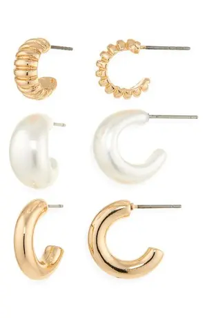 Bp. Set Of Three Chubby Hoop Earrings - Ivory- Gold